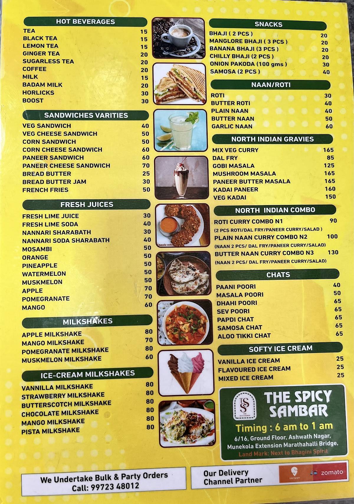 Menu at The Spicy Sambar, Bengaluru