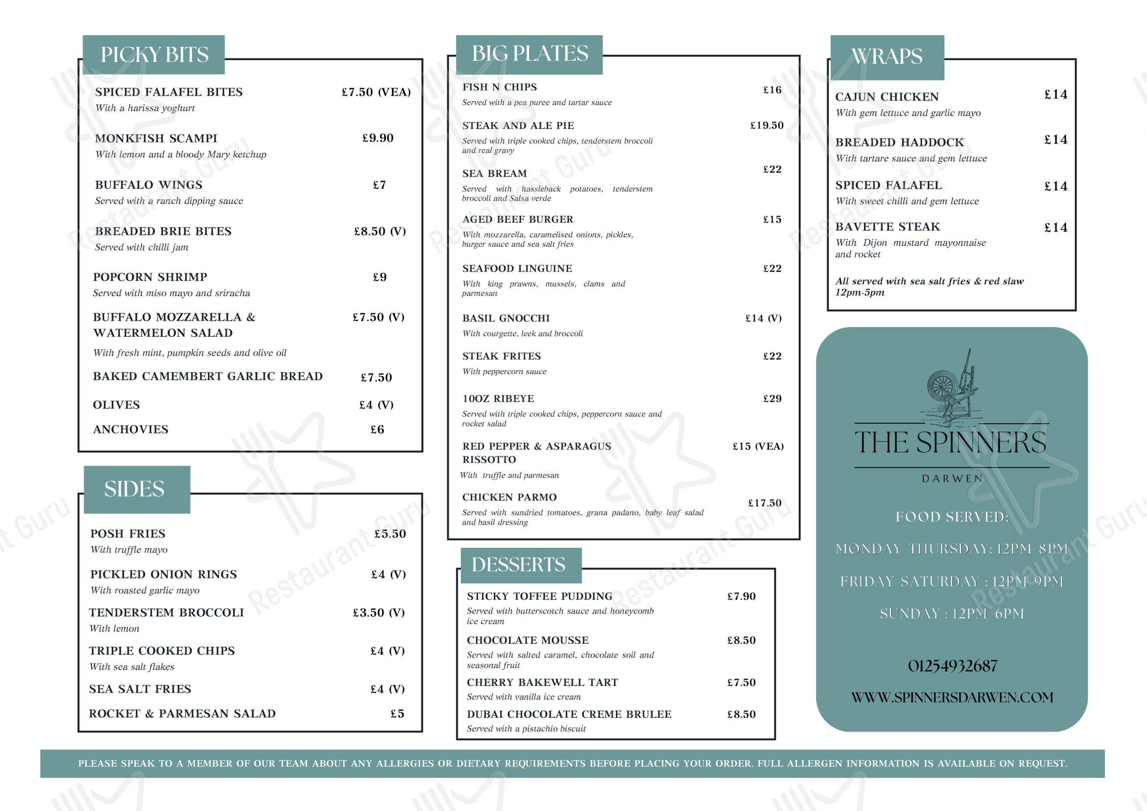 Menu at The Spinners pub & bar, Darwen