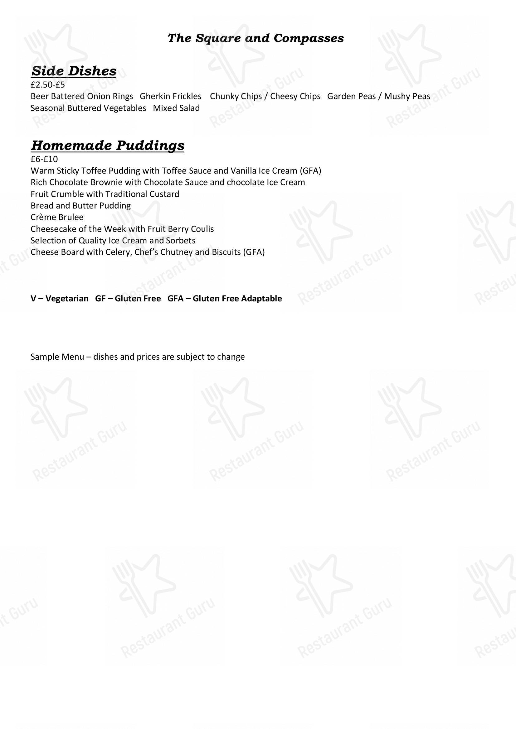 Carta del pub y bar The Square & Compasses, Fairstead
