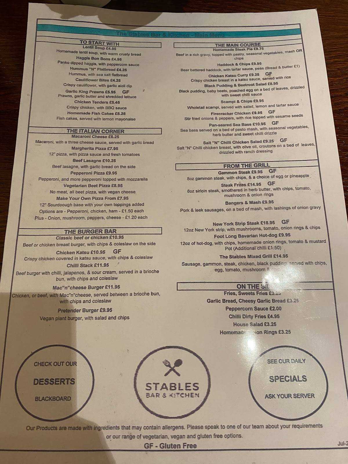 Menu at The Stables Bar & Kitchen, Larbert