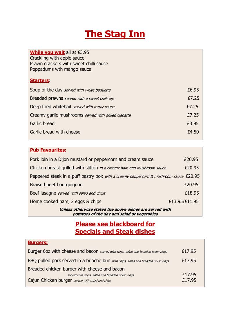 Menu at The Stag Inn pub & bar, Bath