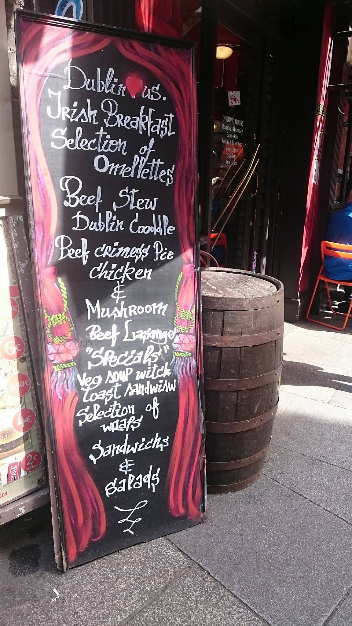 Menu at The Stage Door Cafe, Dublin