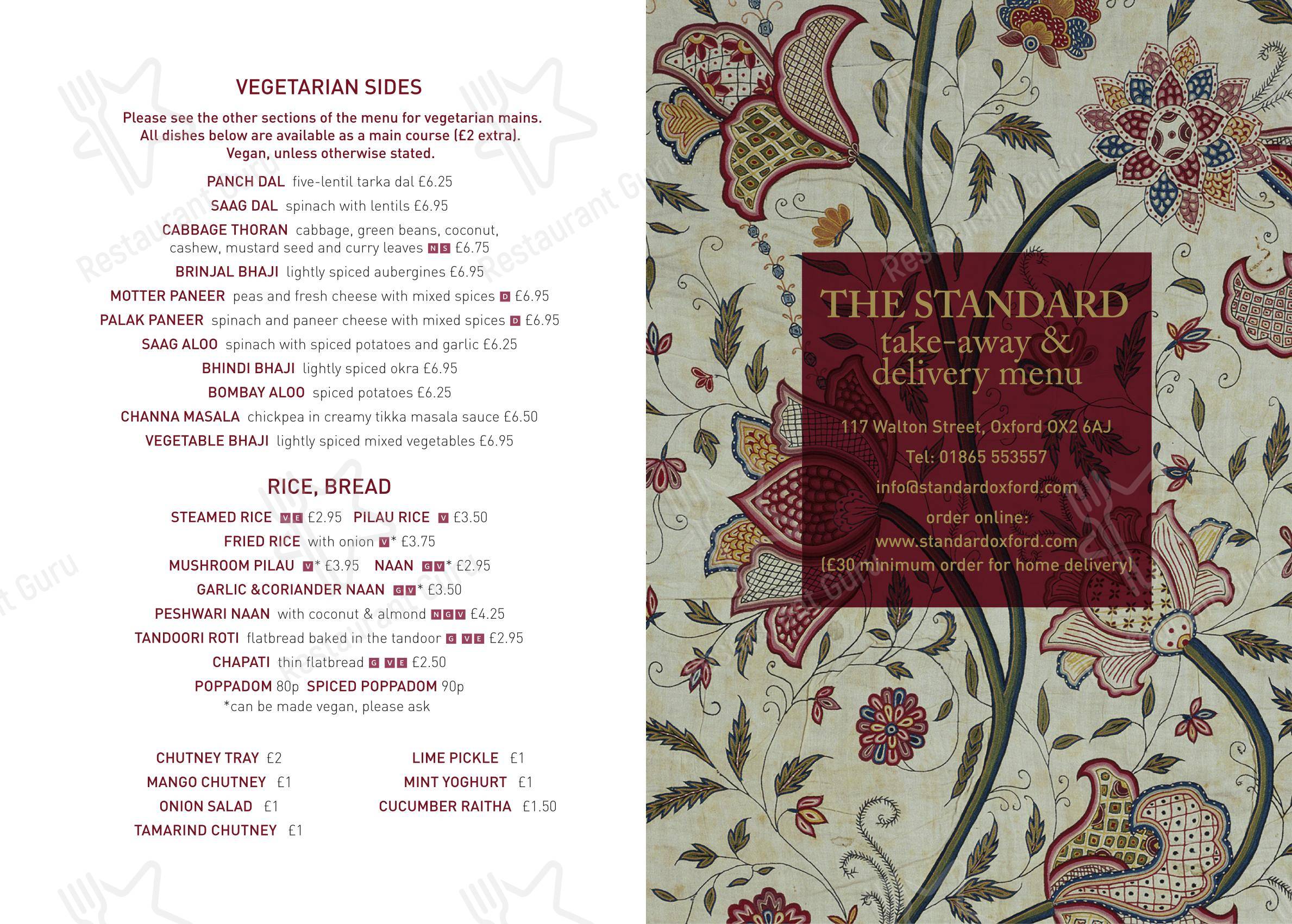 Menu at The Standard restaurant, Oxford
