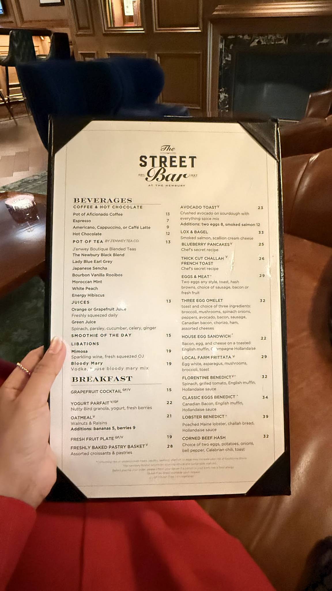 Menu at The Street Bar, Boston