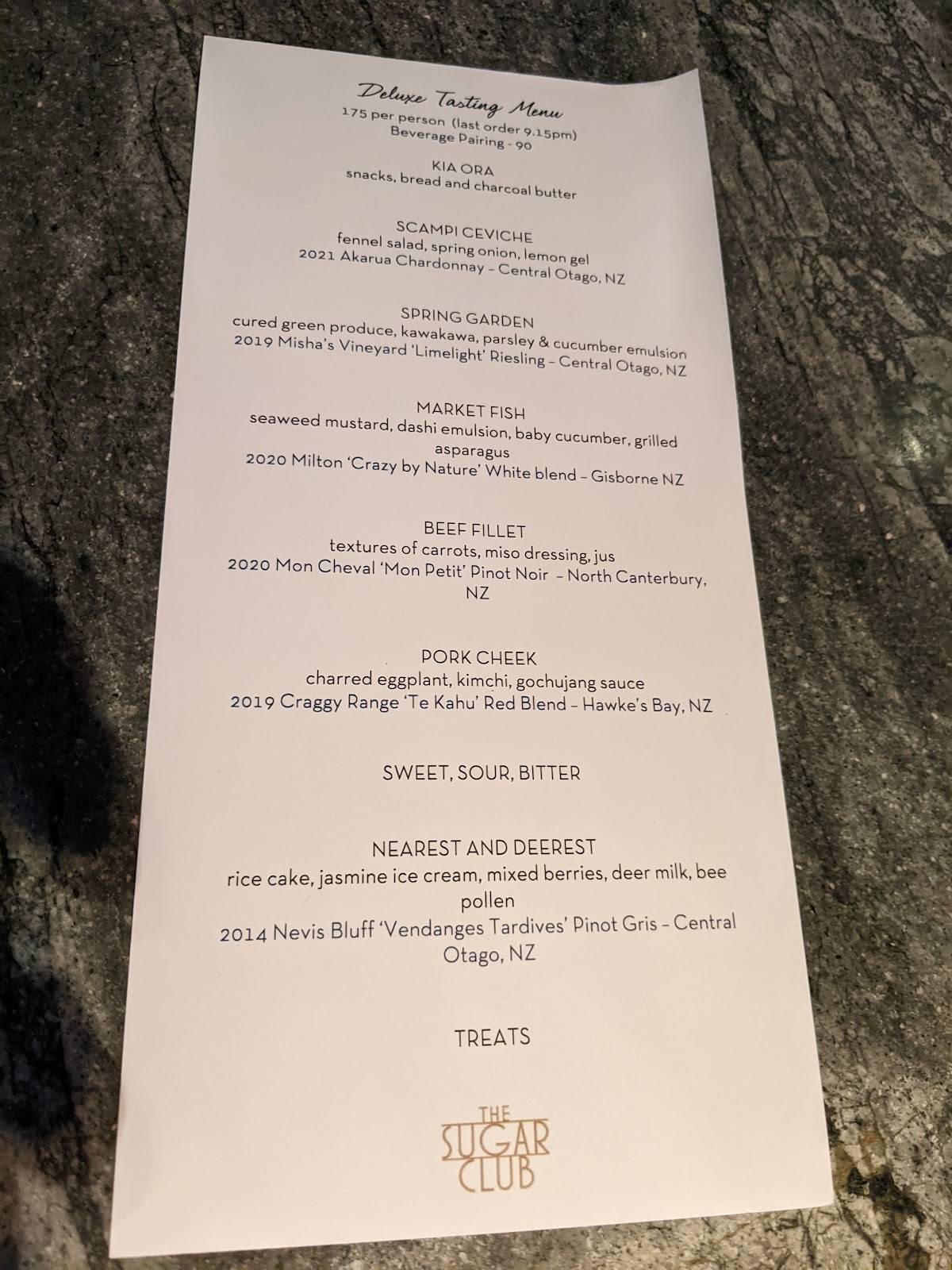 Menu at The Sugar Club, Auckland, Corner of Federal and Victoria Streets