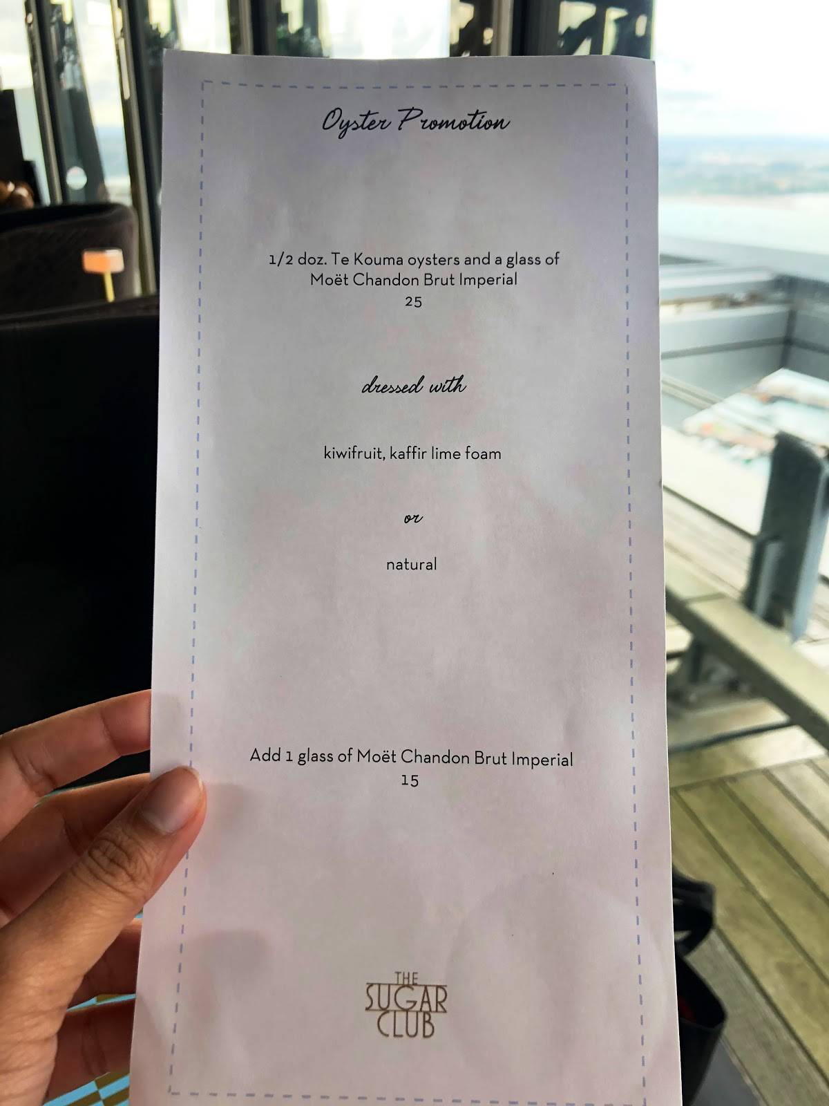 Menu at The Sugar Club, Auckland, Corner of Federal and Victoria Streets