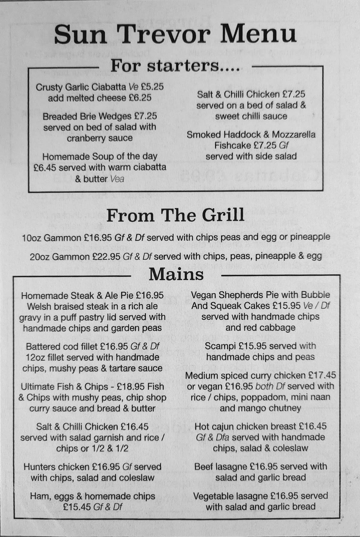 Menu at The Sun Trevor bar, restaurant and holiday cottages, Llangollen