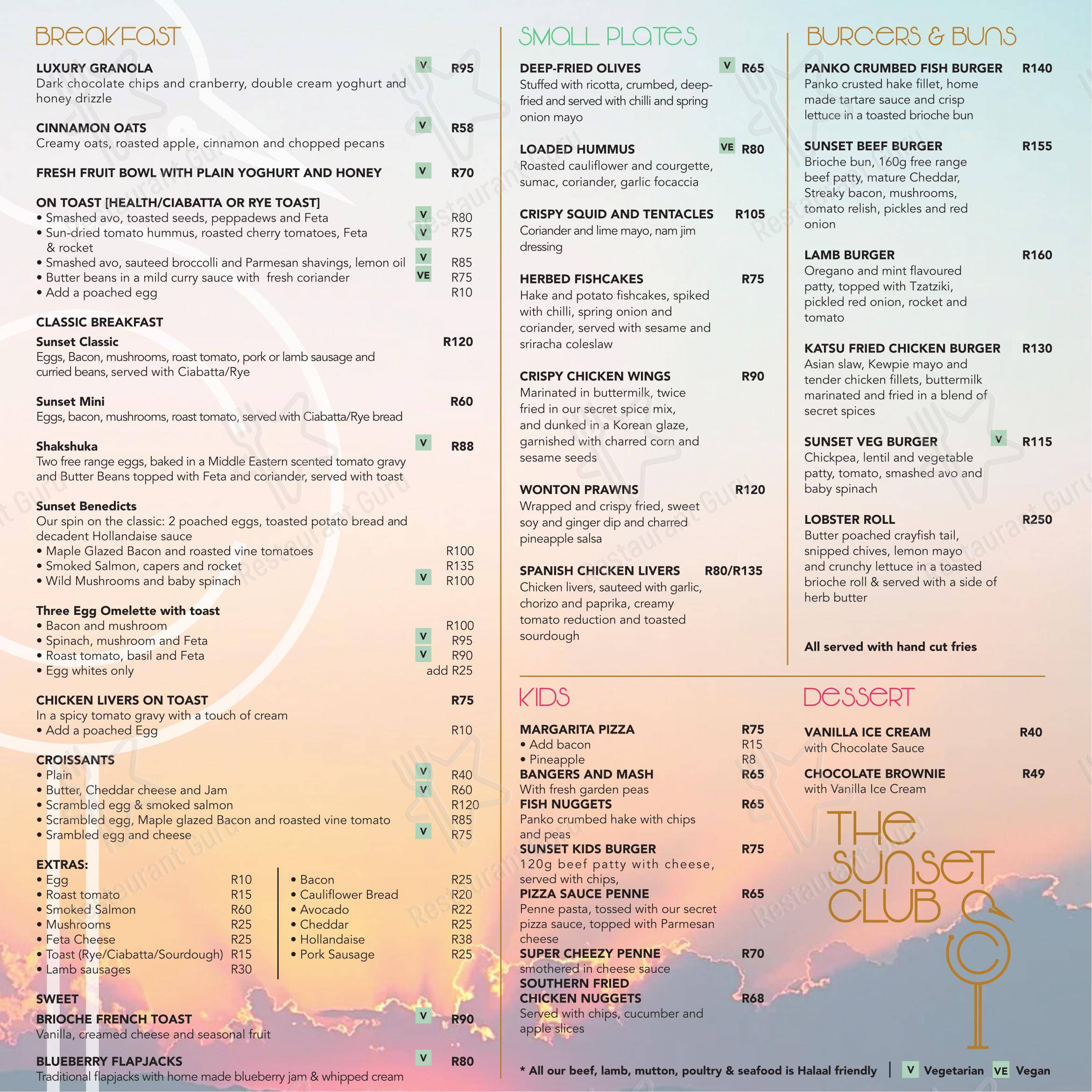 Menu at The Sunset Club, Blackburn