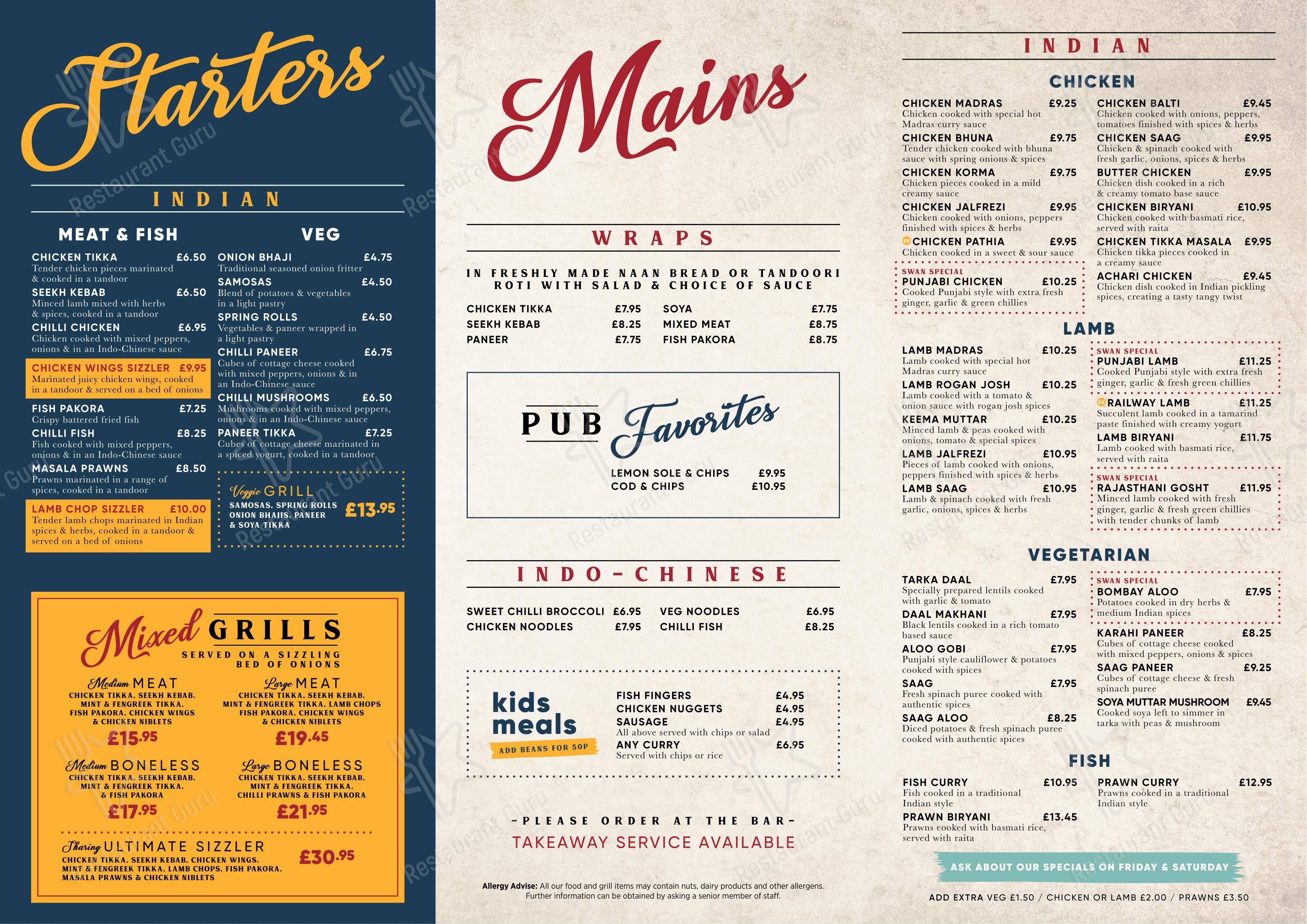 Menu at The Swan at Stonnall pub & bar, Walsall