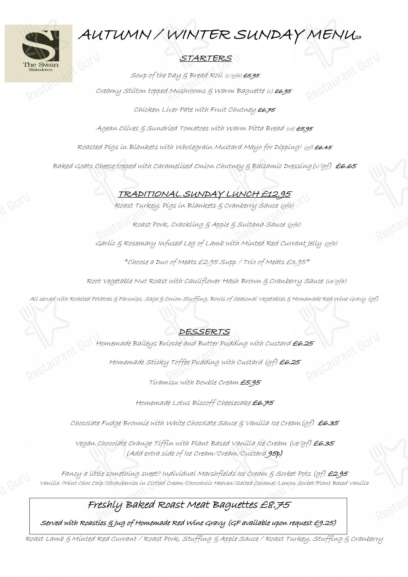 Menu at The Swan pub & bar, Kidderminster, 9 Birmingham Rd