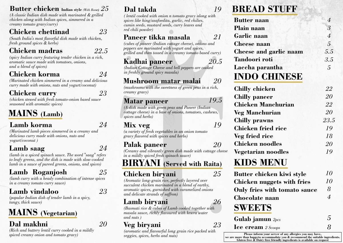 Menu at The Taj & Tonic ( Indian kitchen and Bar ), Auckland