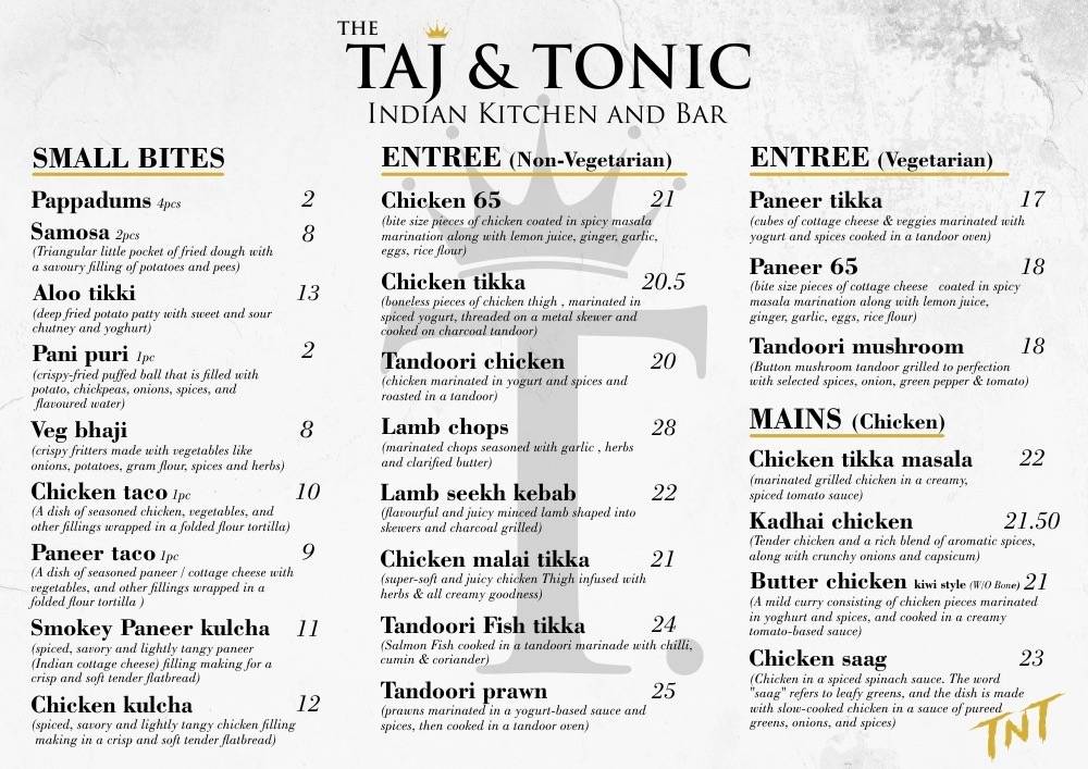 Menu at The Taj & Tonic ( Indian kitchen and Bar ), Auckland