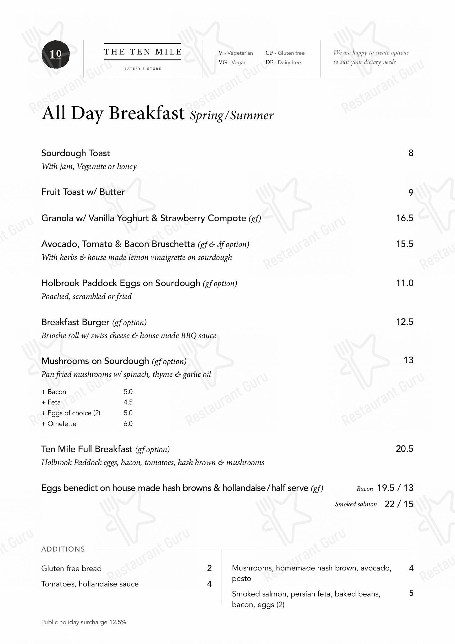 Menu at The Ten Mile cafe, Holbrook