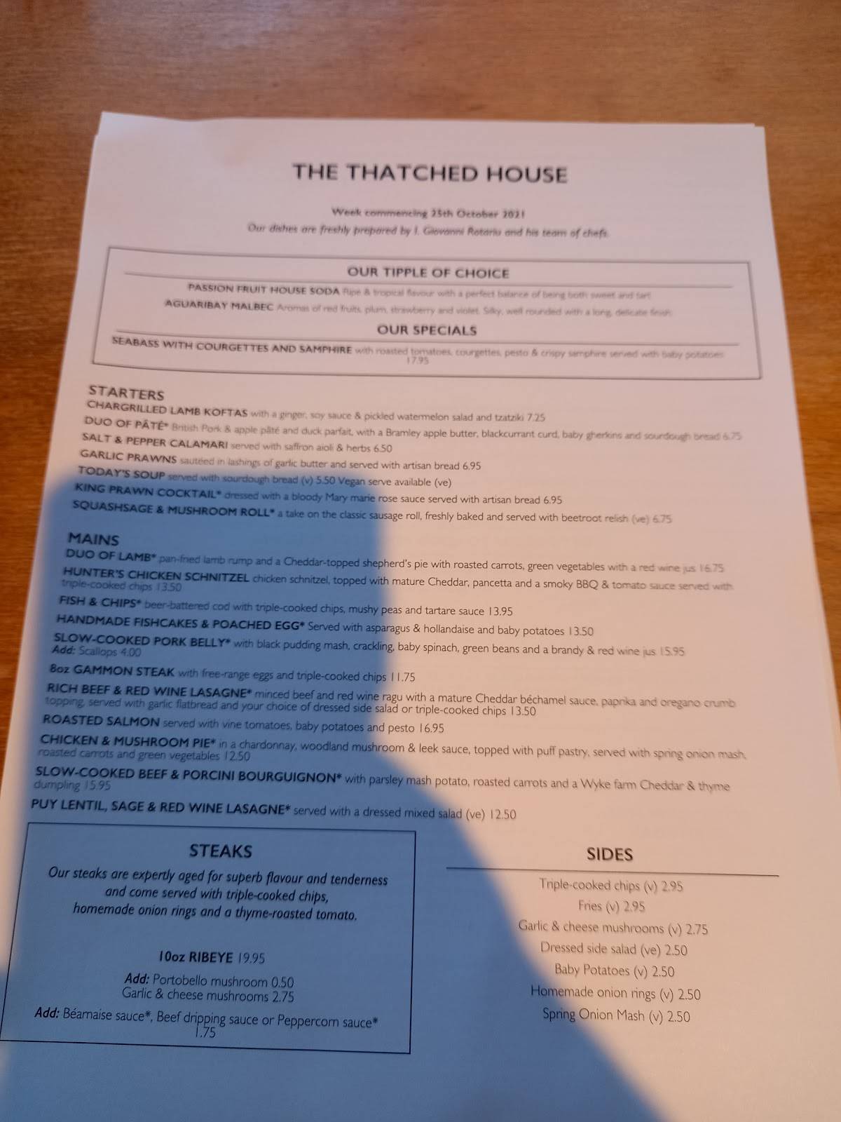Menu at The Thatched House pub & bar, Upminster
