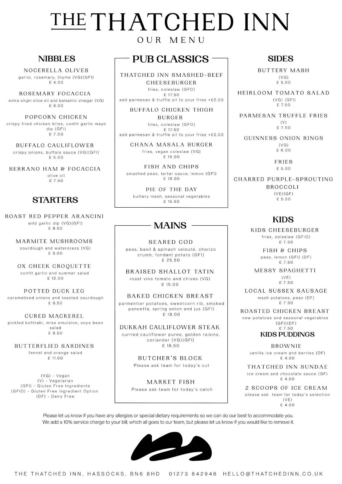 Menu at The Thatched Inn pub & bar, Hassocks
