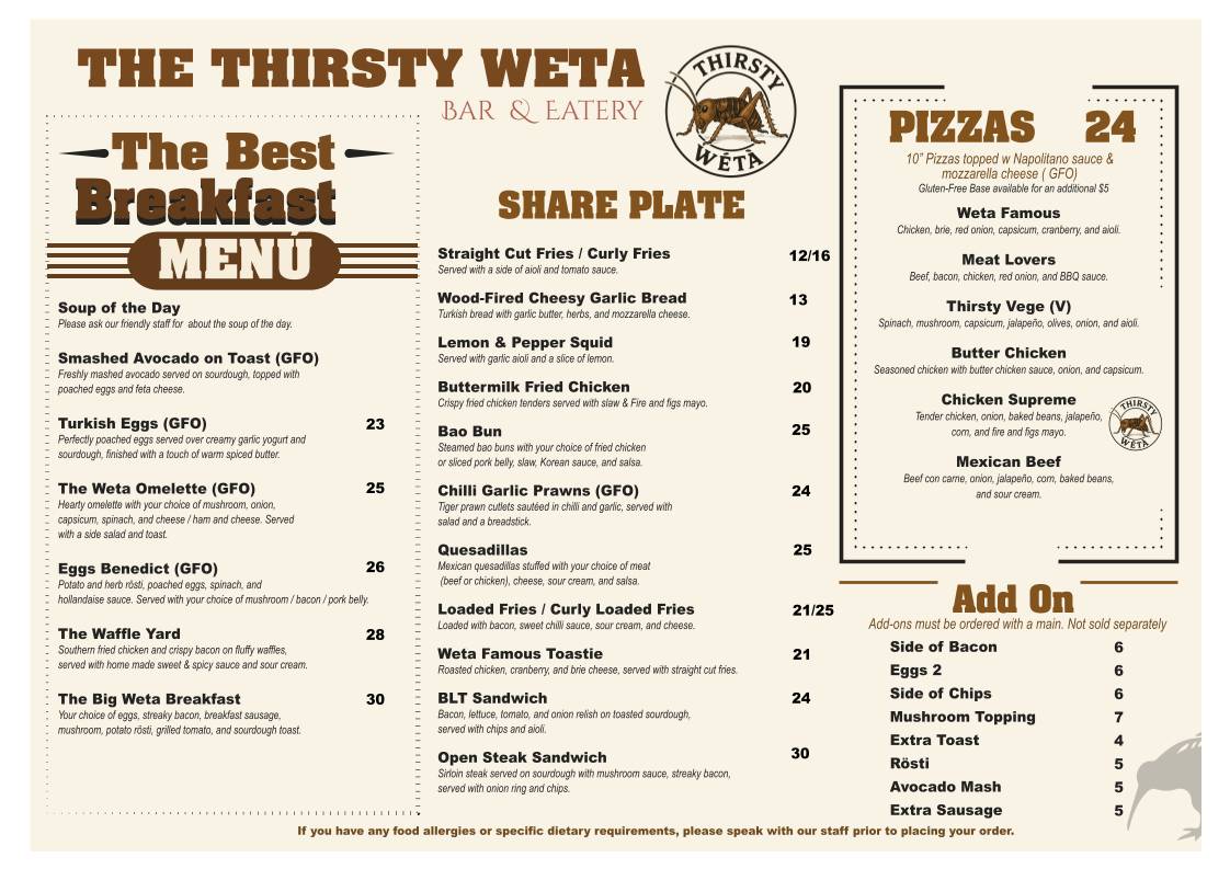 Menu at The Thirsty Weta Bar & Eatery, Otorohanga