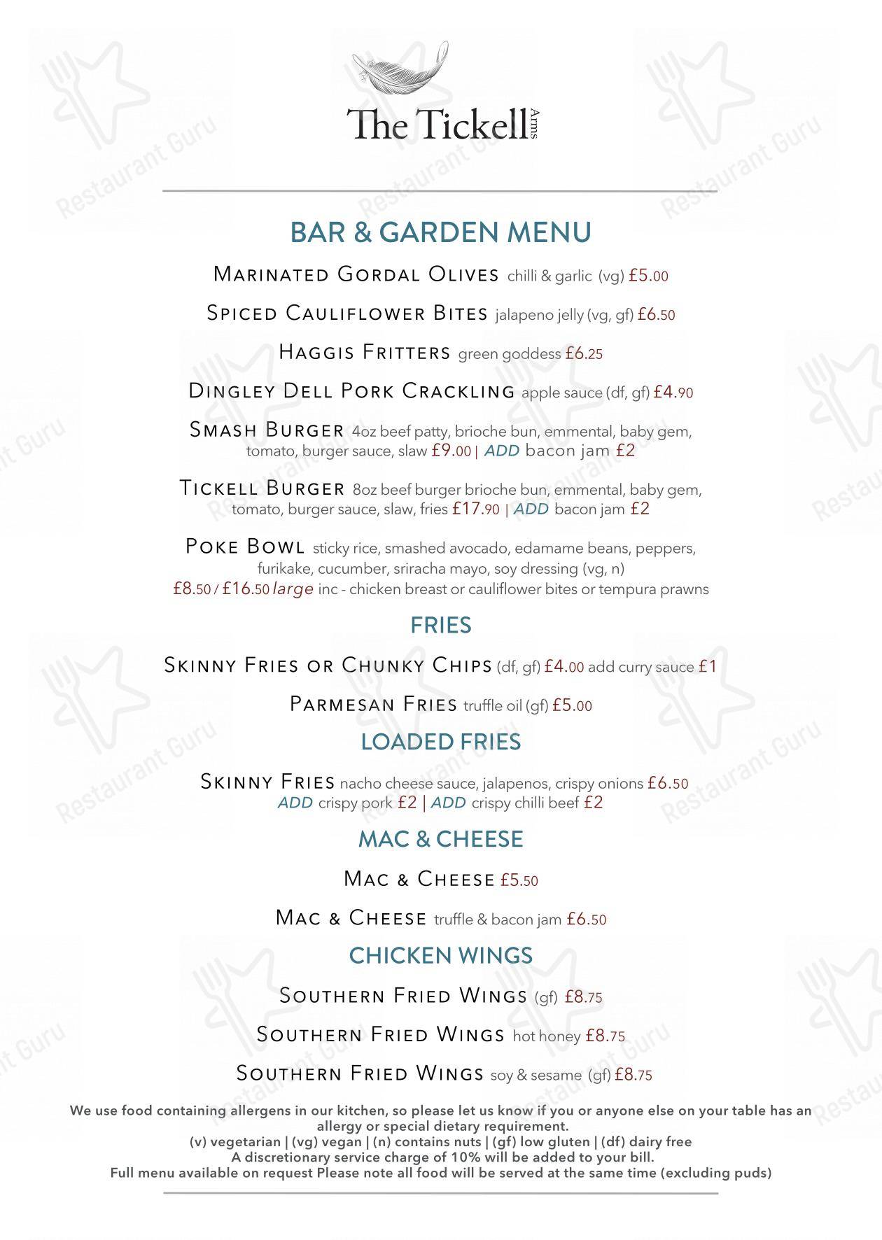 Menu at The Tickell Arms pub & bar, Cambridge
