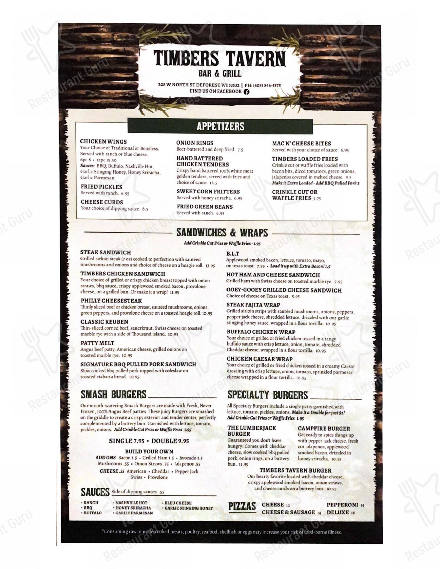Menu at Timbers Tavern Bar & Grill, DeForest