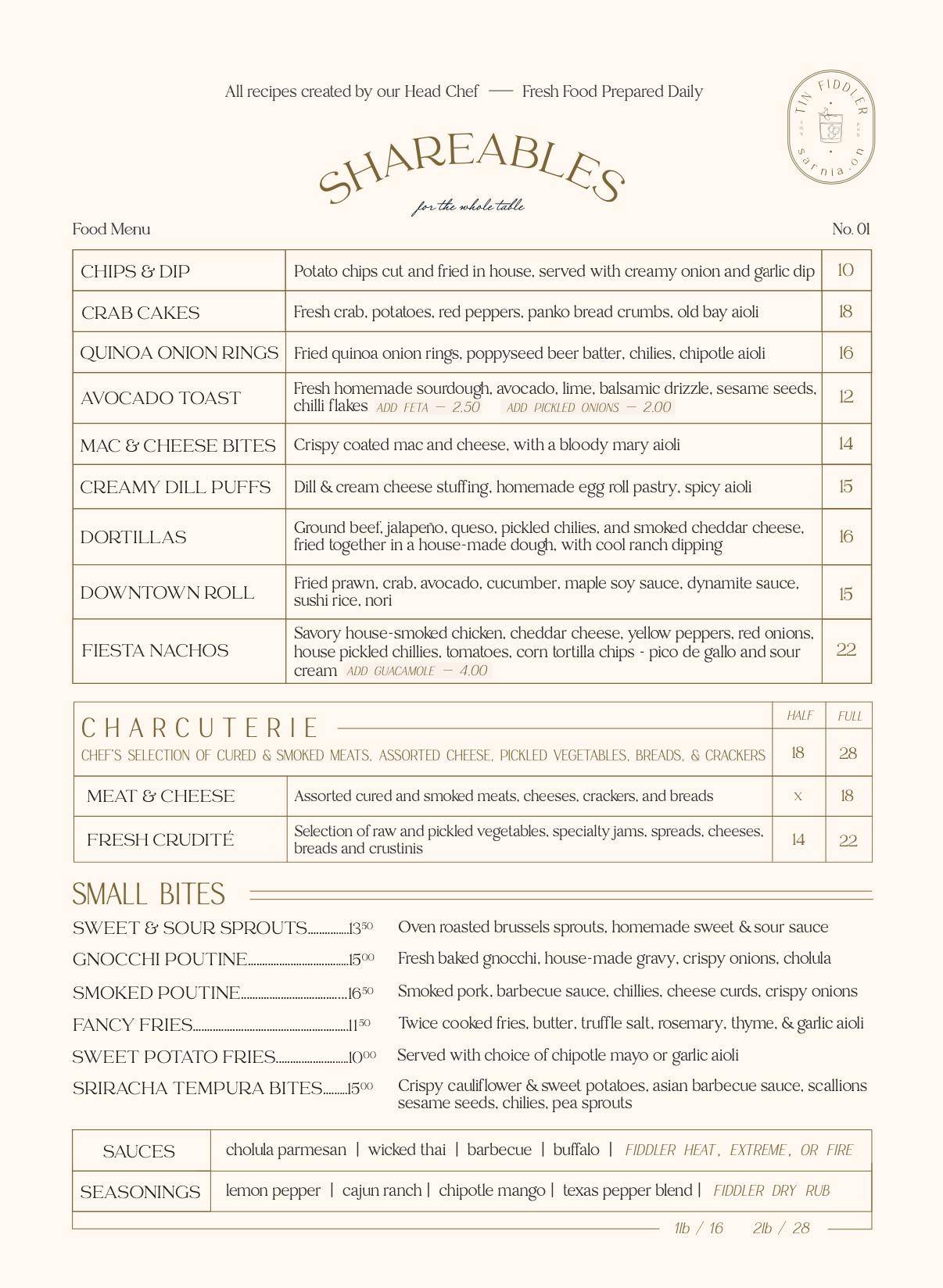 Menu at The Tin Fiddler pub & bar, Sarnia