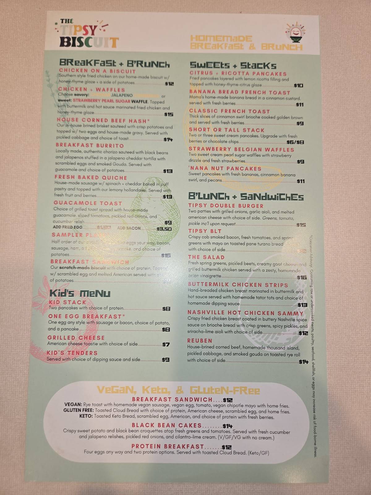 Menu at The Tipsy Biscuit restaurant, Elkhart