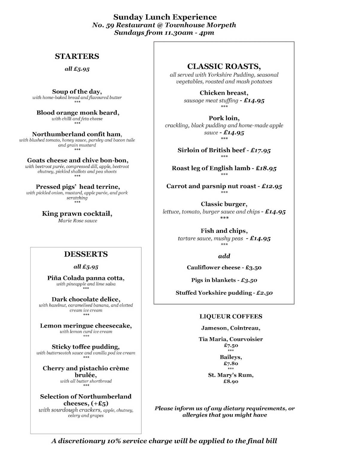 Menu at The Townhouse restaurant, Morpeth
