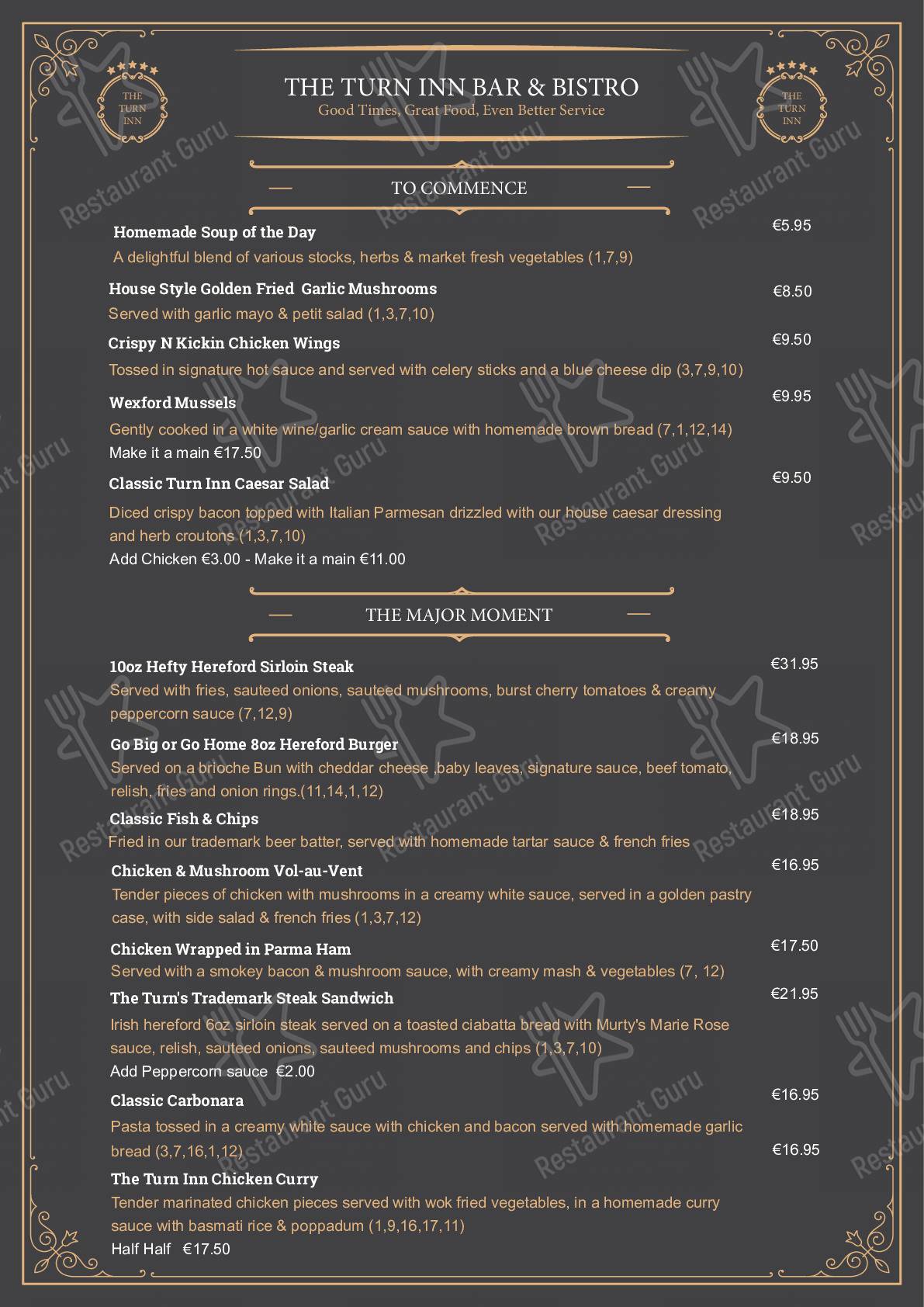 Menu at The Turn Inn pub & bar, Derrinturn