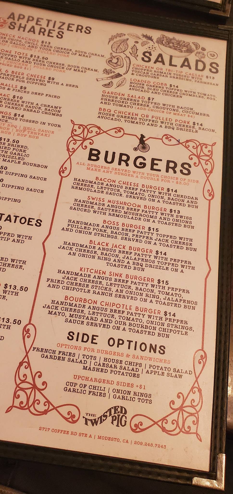 Menu at The Twisted Pig Bar and Grill, Modesto