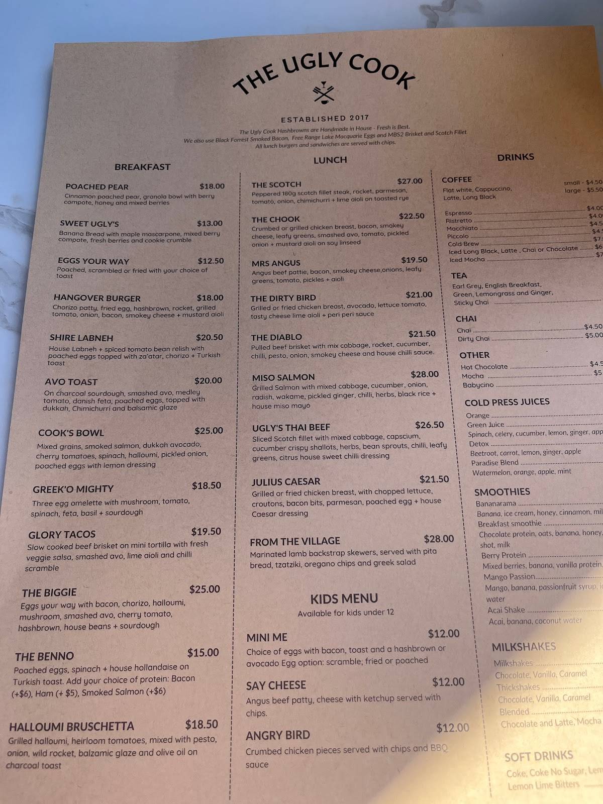 Menu at The Ugly Cook cafe, Sylvania Waters