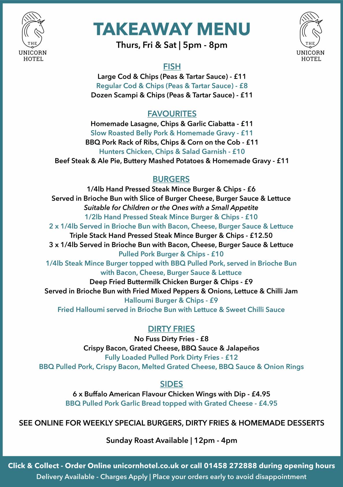 Menu at The Unicorn Inn restaurant, Somerton