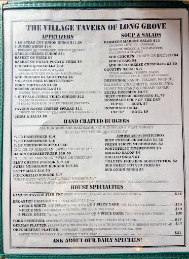 Menu at The Village Tavern steakhouse, Long Grove, 135 Old McHenry Rd