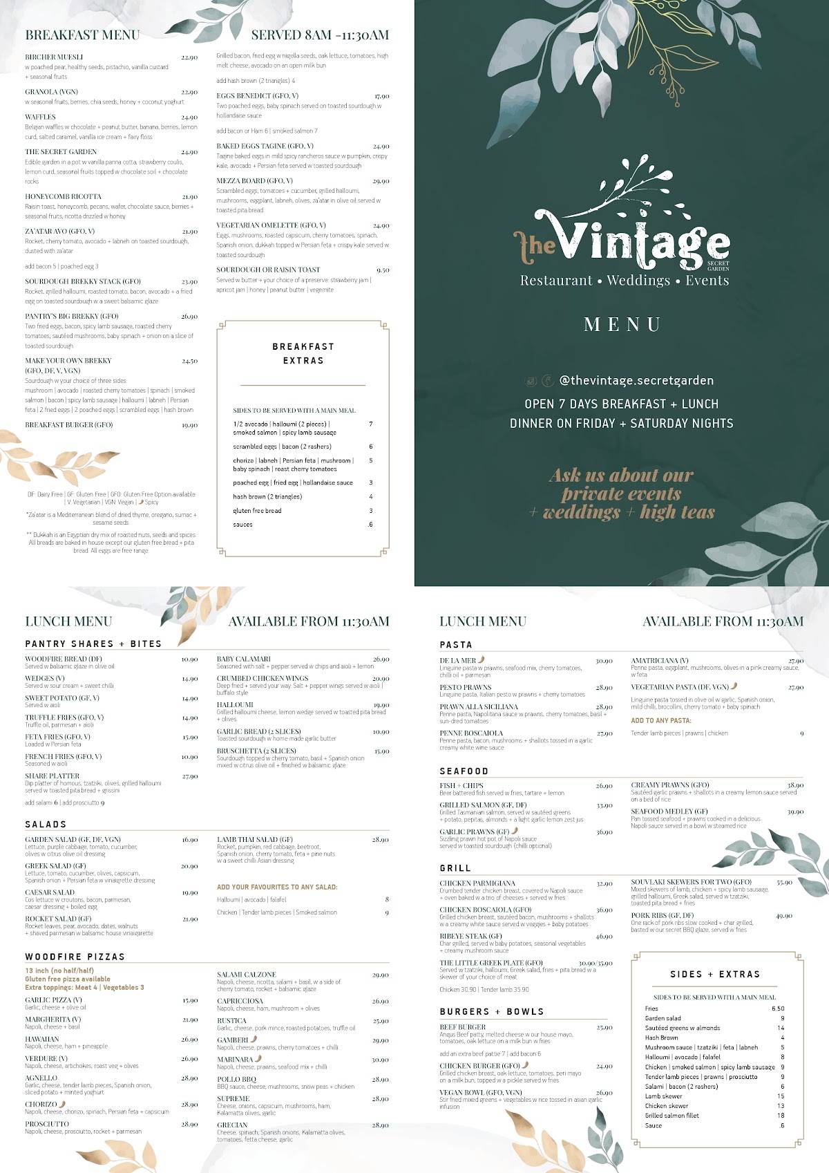 Menu at The Vintage Secret Garden restaurant, Galston