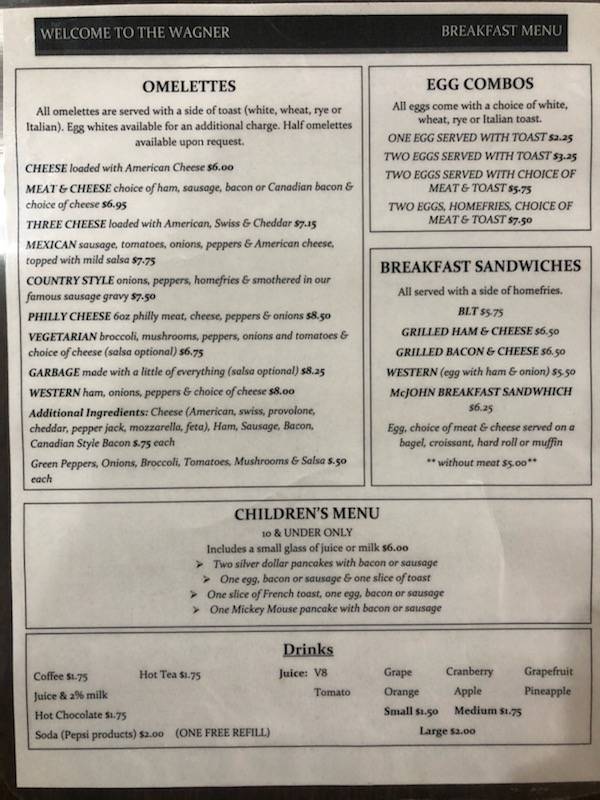 Menu at The Wagner Restaurant, Penn Yan