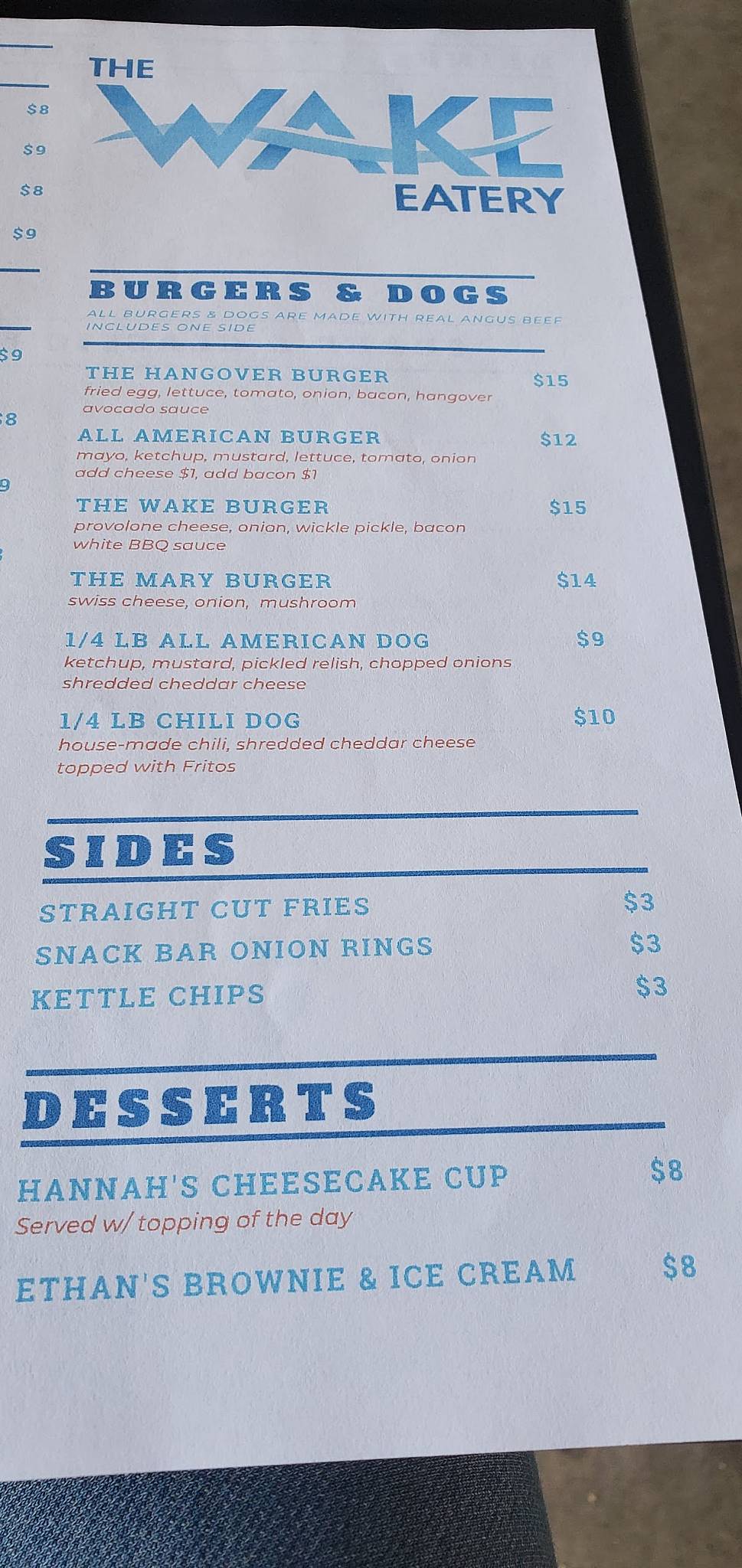 Menu at The Wake By Big Mike's restaurant, Guntersville