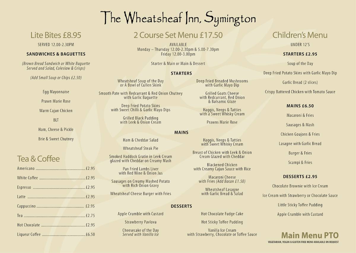 Menu at The Wheatsheaf Inn pub & bar, Kilmarnock, 3 Main St