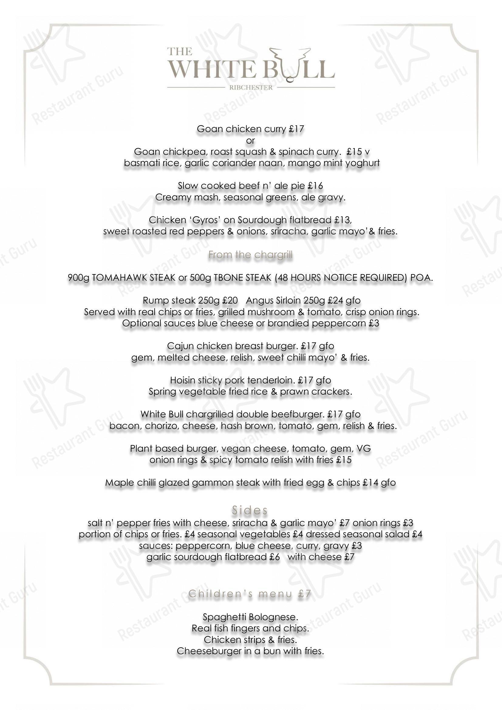 Menu at The White Bull Hotel pub & bar, Ribchester