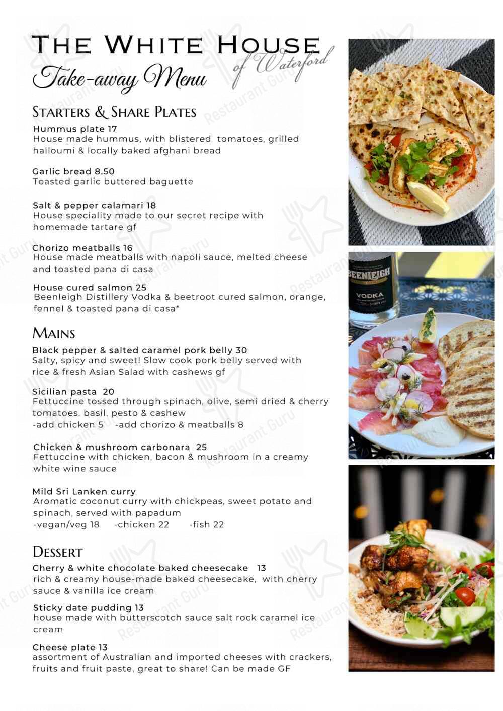 Menu at The Whitehouse Waterford restaurant, Waterford