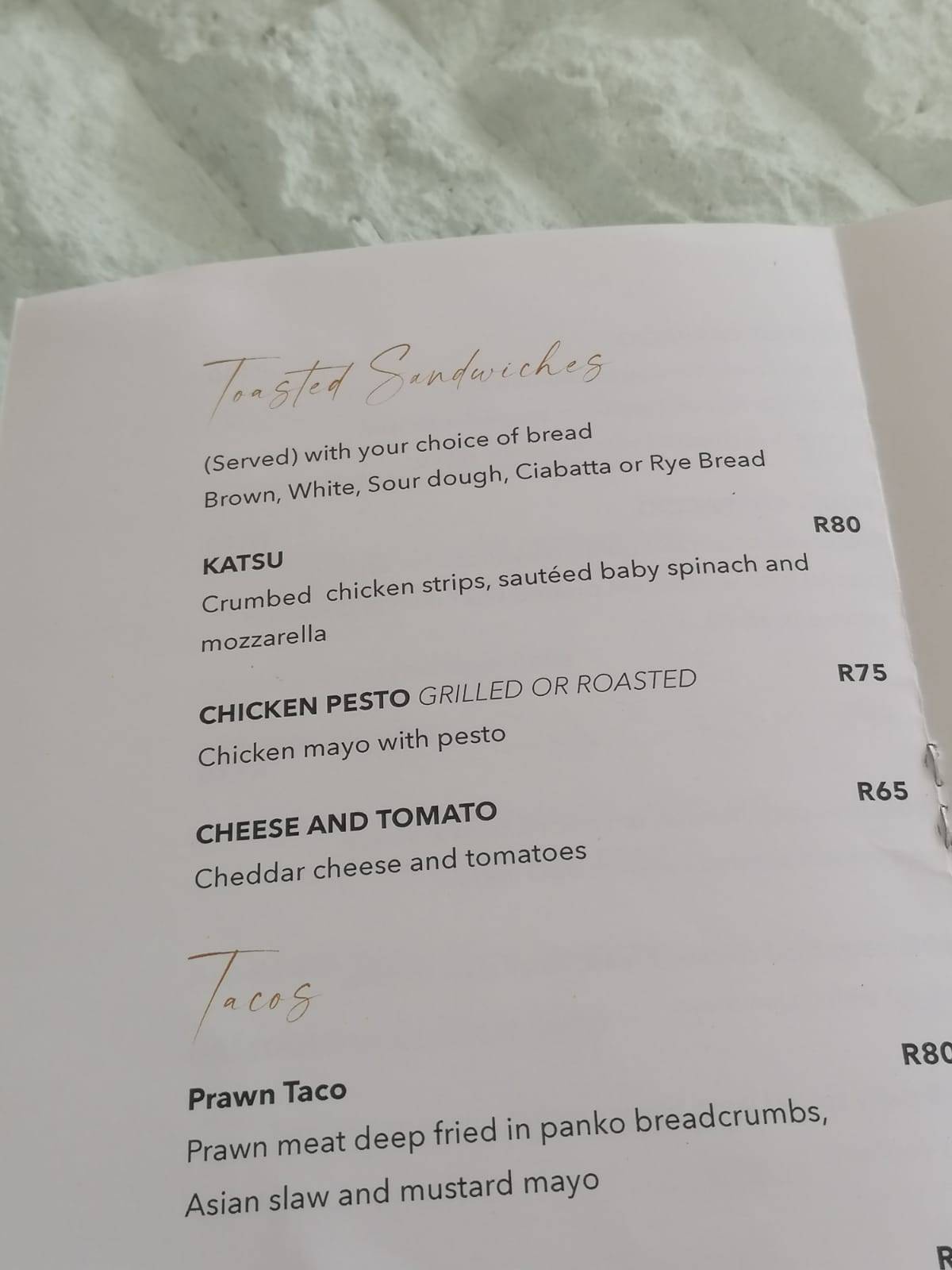 Menu at The White House on Nicol restaurant, Sandton