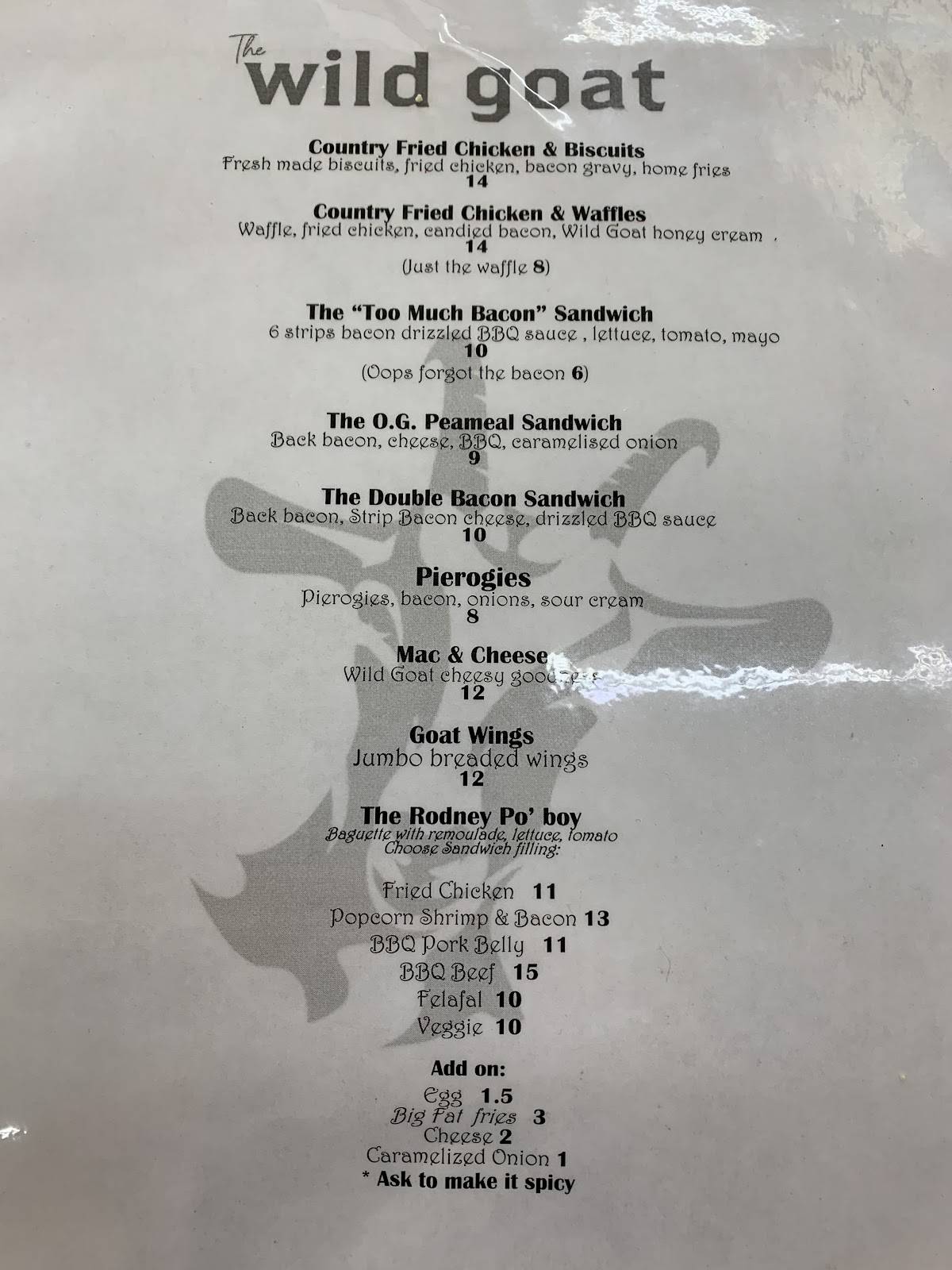 Menu at The Wild Goat cafe, Rodney