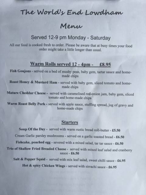 Menu at The World's End Lowdham pub & bar, Lowdham, Plough Ln