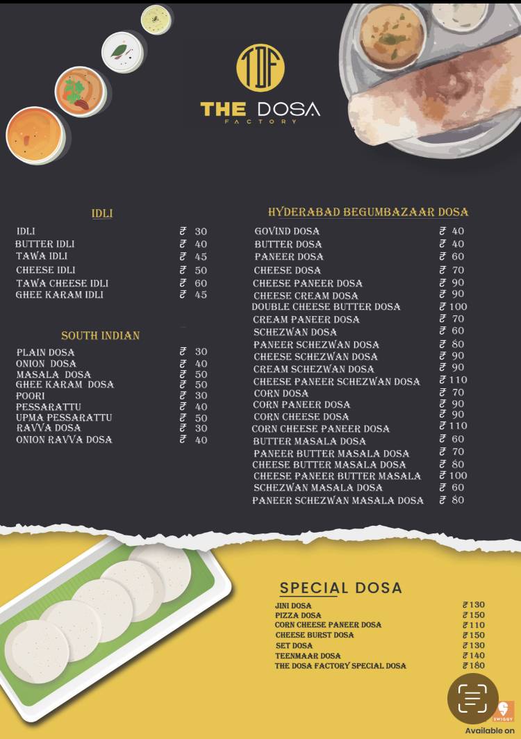 Menu at The dosa factory, Visakhapatnam