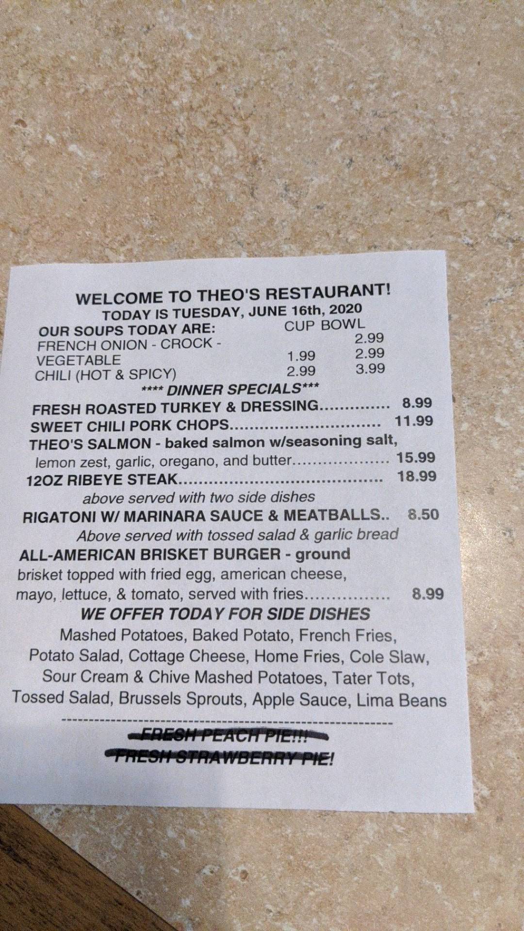 Menu at Theo's Restaurant, Cambridge