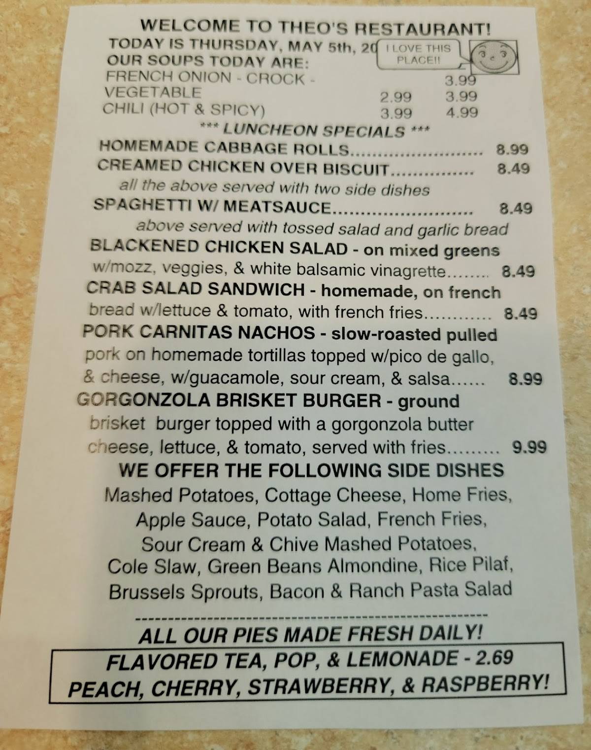 Menu at Theo's Restaurant, Cambridge