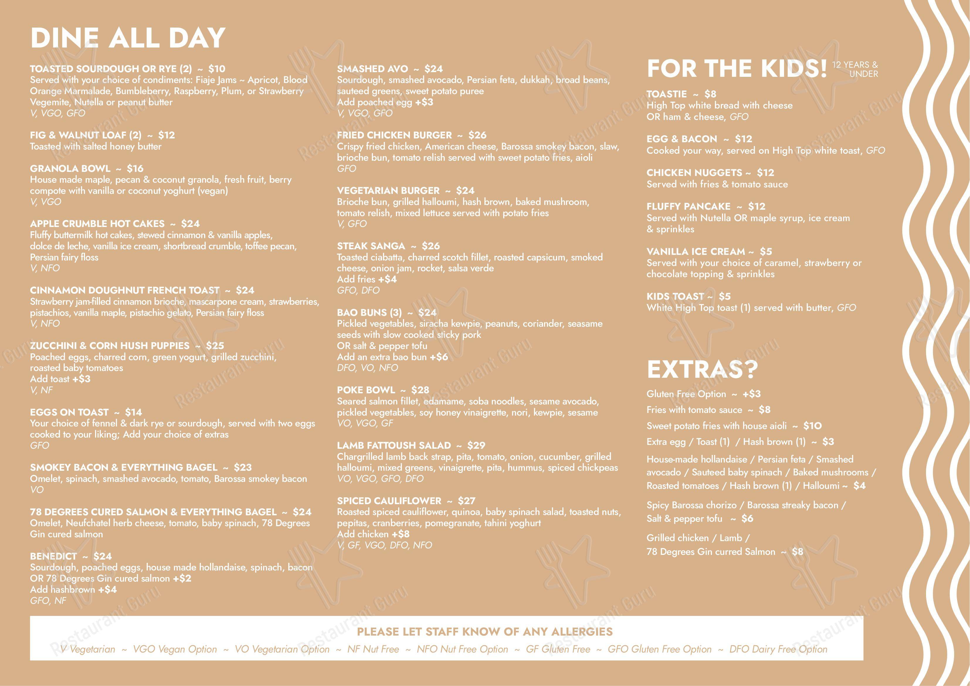 Carta del café Thirty Five Stirling, Thebarton