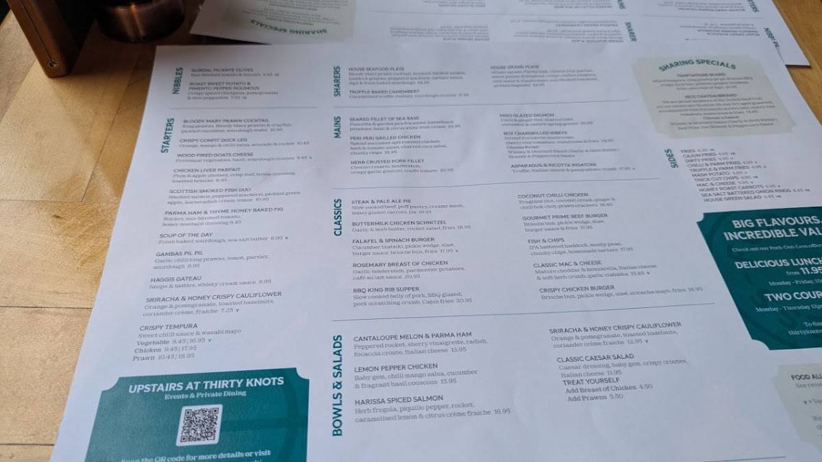 Menu at Thirty Knots pub & bar, Queensferry