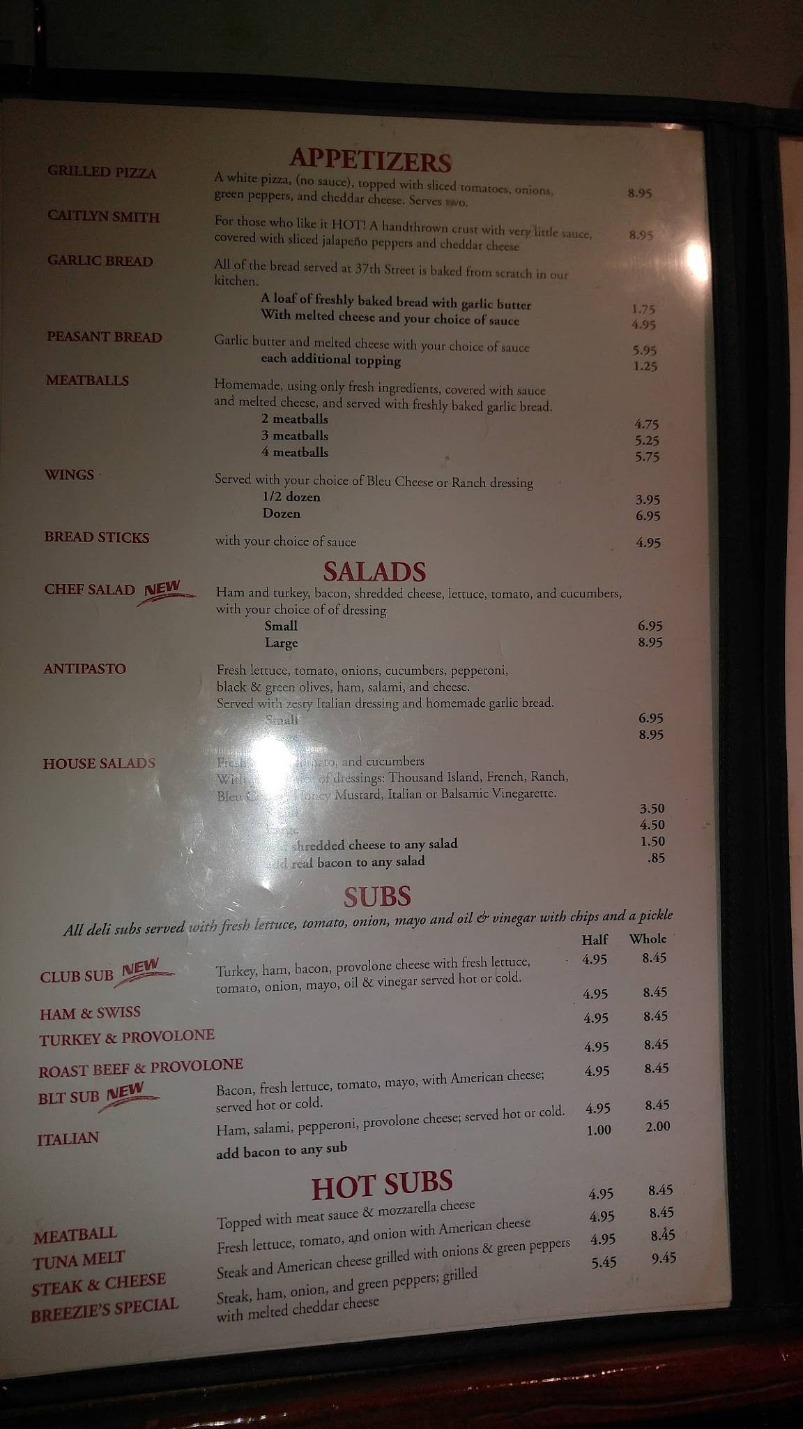 Menu at Thirty Seventh Street Pizzaria pizzeria, New Bern