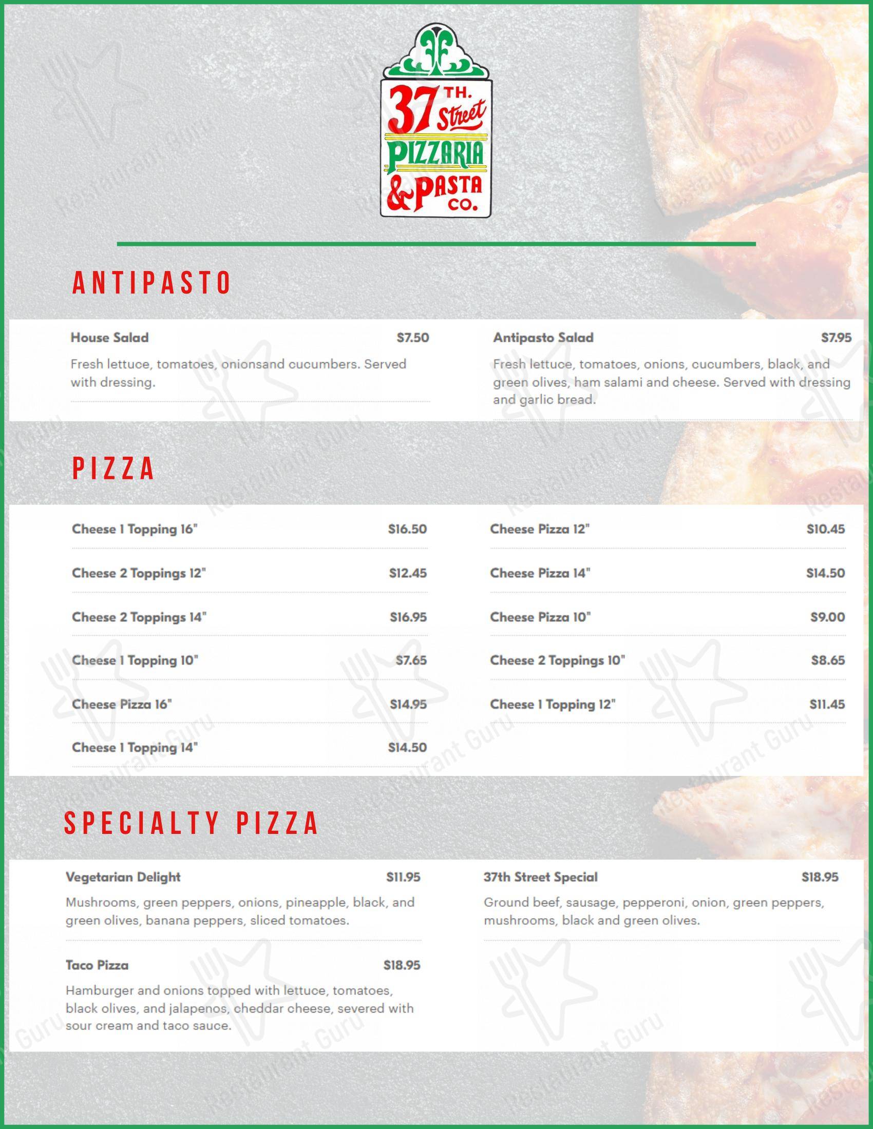 Menu at Thirty Seventh Street Pizzaria pizzeria, New Bern
