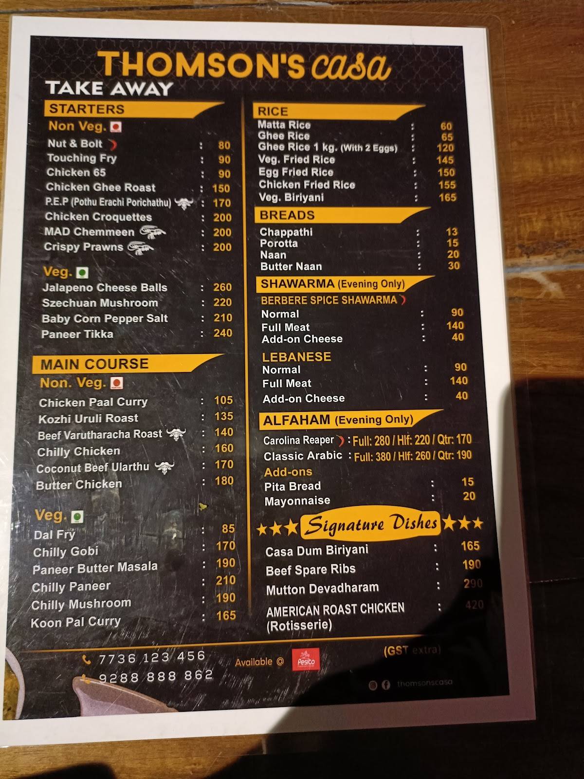 Menu at Thomson's Casa, Thrissur