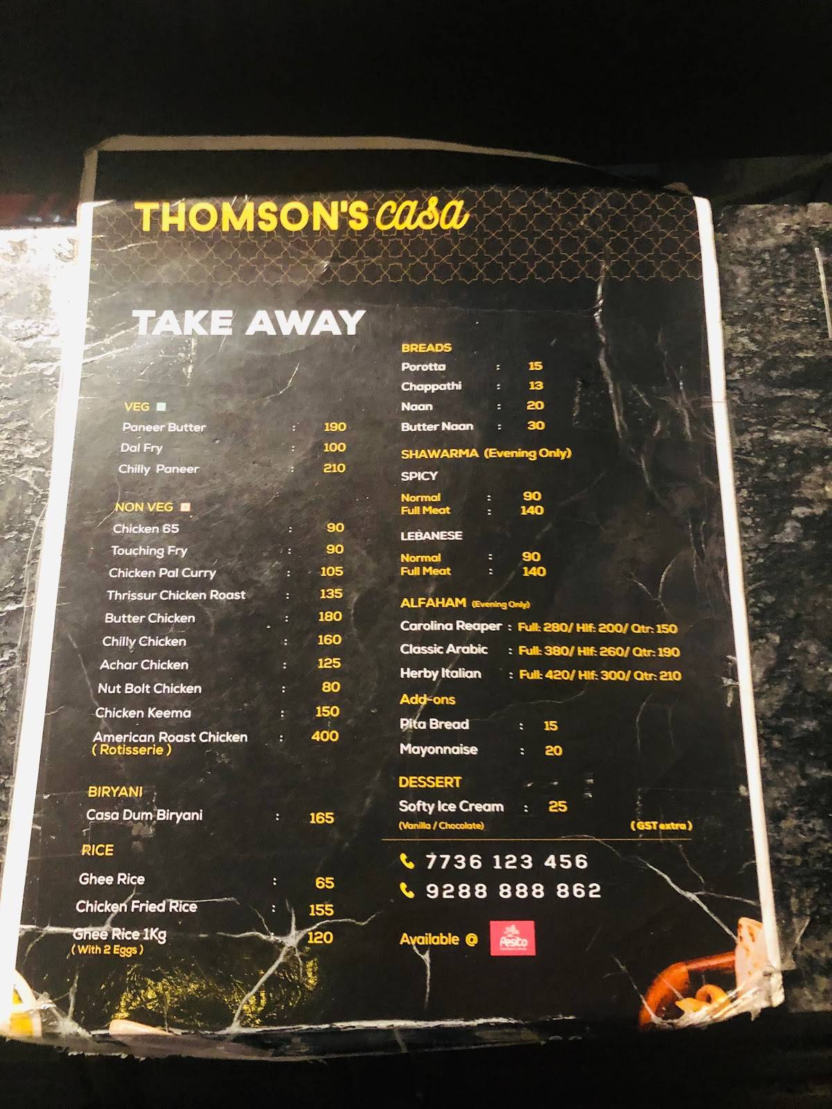 Menu at Thomson's Casa, Thrissur