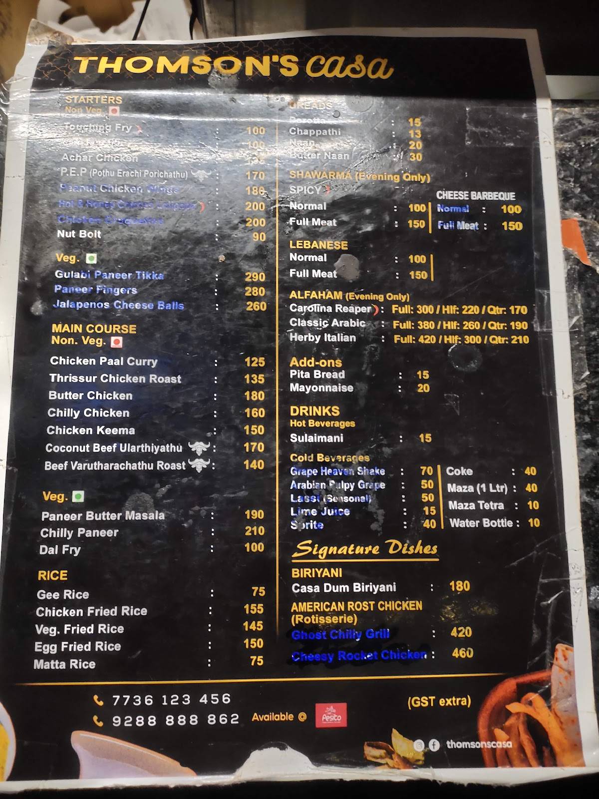 Menu at Thomson's Casa, Thrissur