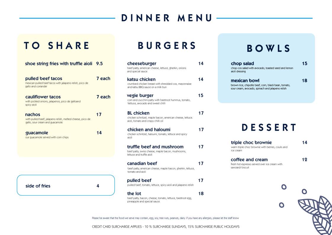 Menu at Three Beans Beecroft cafe, Beecroft
